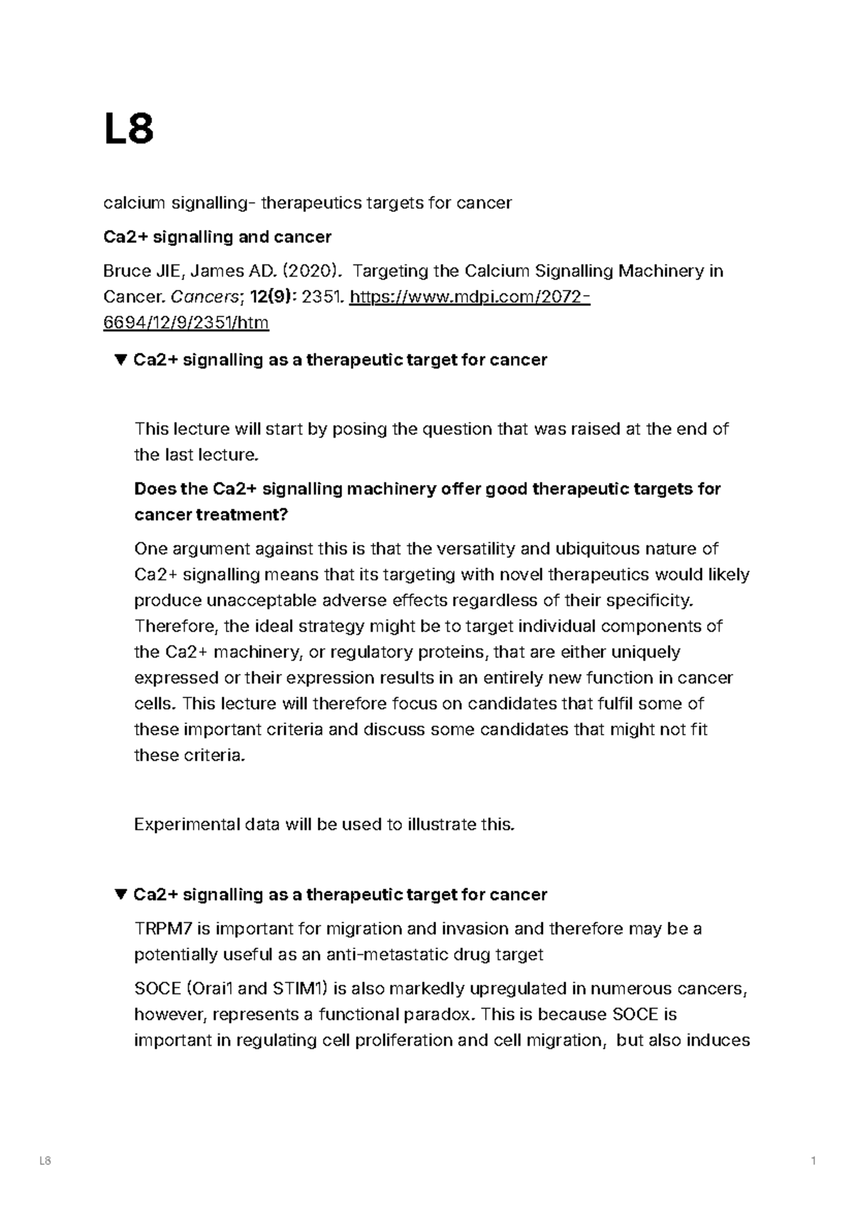 L8 Calcium Signalling as a Therapeutic Target in Cancer Treatment - Studocu