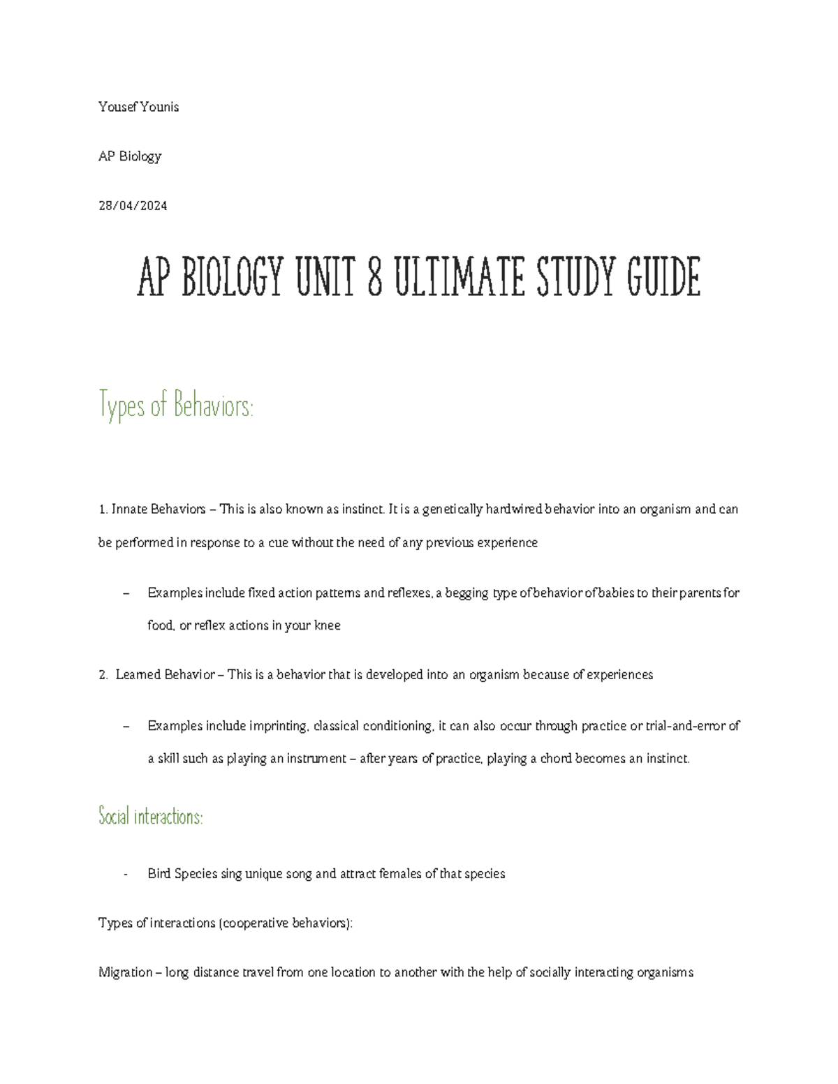AP Biology Unit 8: Comprehensive Study Guide on Behavior and Ecology ...