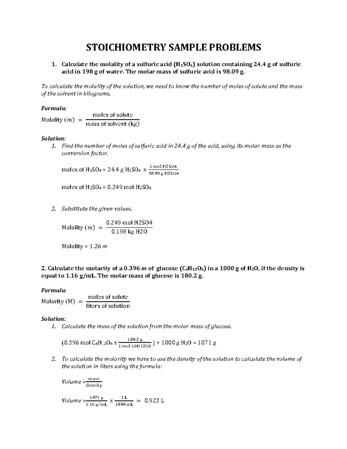 STOICHIOMETRY SAMPLE PROBLEMS: MOLALITY & MOLARITY CALCULATIONS - Studocu