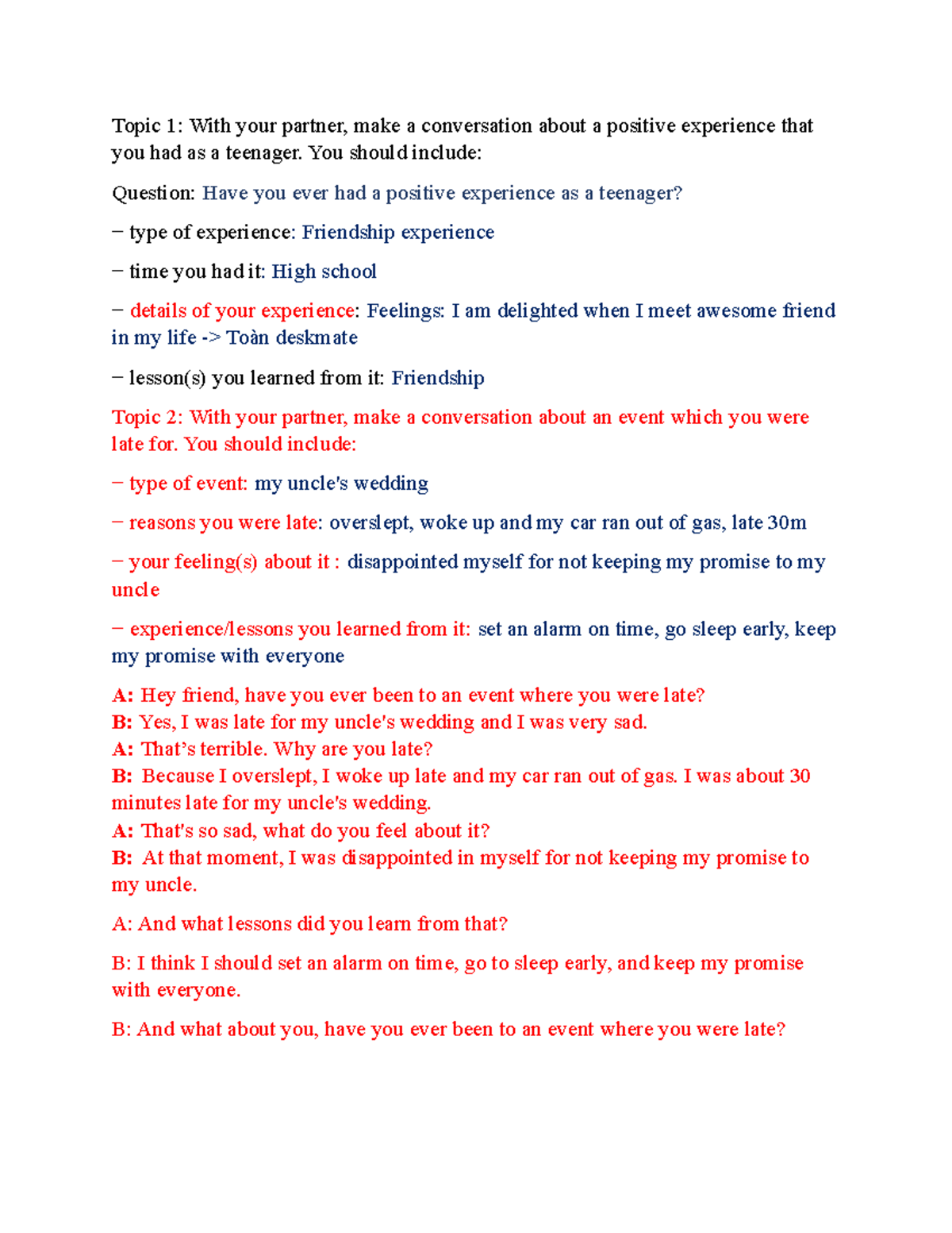Topic 10: Final Exam Conversations on Personal Experiences and Lessons ...