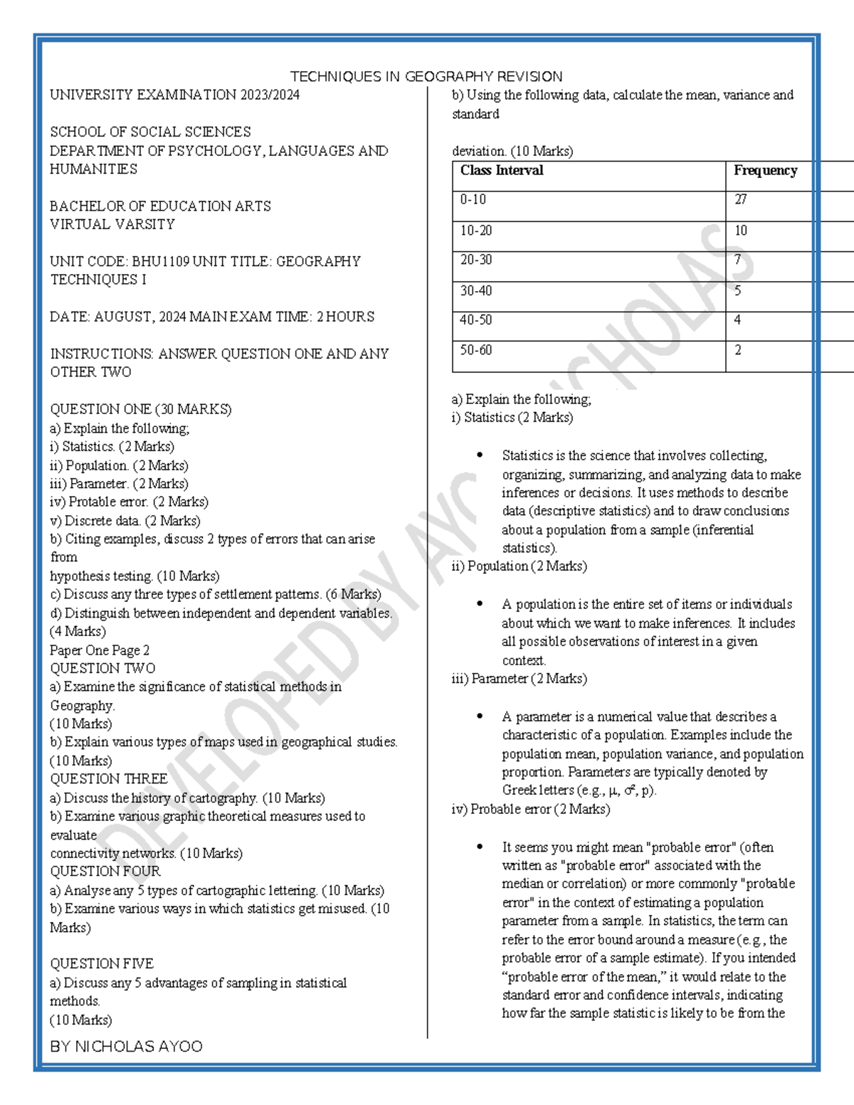 BHU1109 Techniques in Geography Final Exam Revision Notes - Studocu