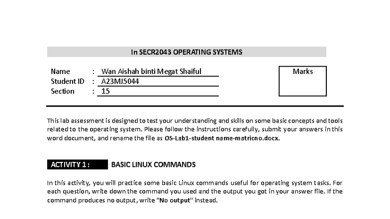 SECR2043 OS Lab 1 - Basic Linux Commands & C Programming Tasks - Studocu
