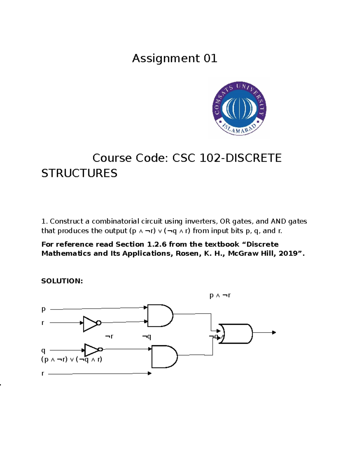 CSC 102-DISCRETE Assignment 01: Combinatorial Circuit & Propositional ...