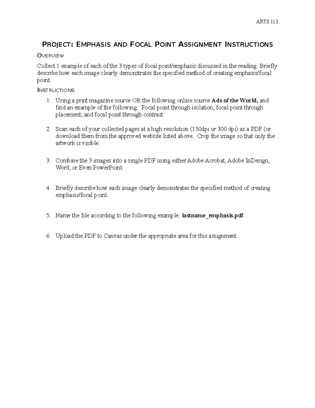 ARTS 113: Emphasis and Focal Point Assignment Guidelines - Studocu