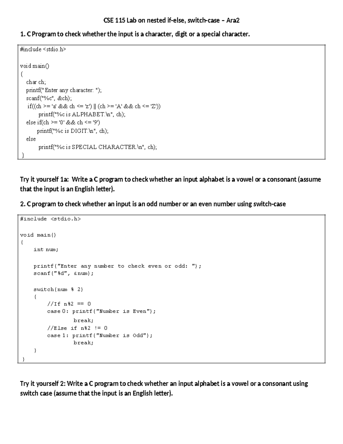 CSE 115 Lab Manual 5: Nested If-Else and Switch-Case Examples - Studocu