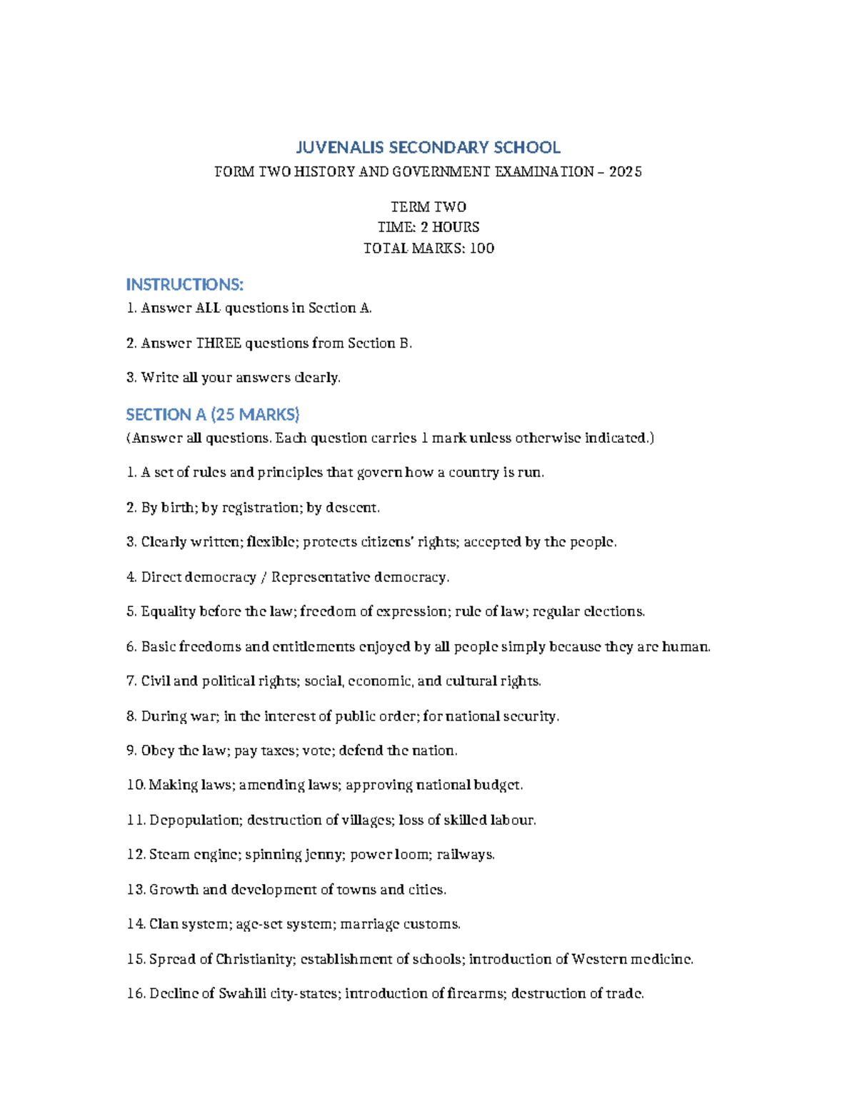 Juvenalis Sec. Sch. Form Two History & Gov. Exam Answers 2025 - Studocu