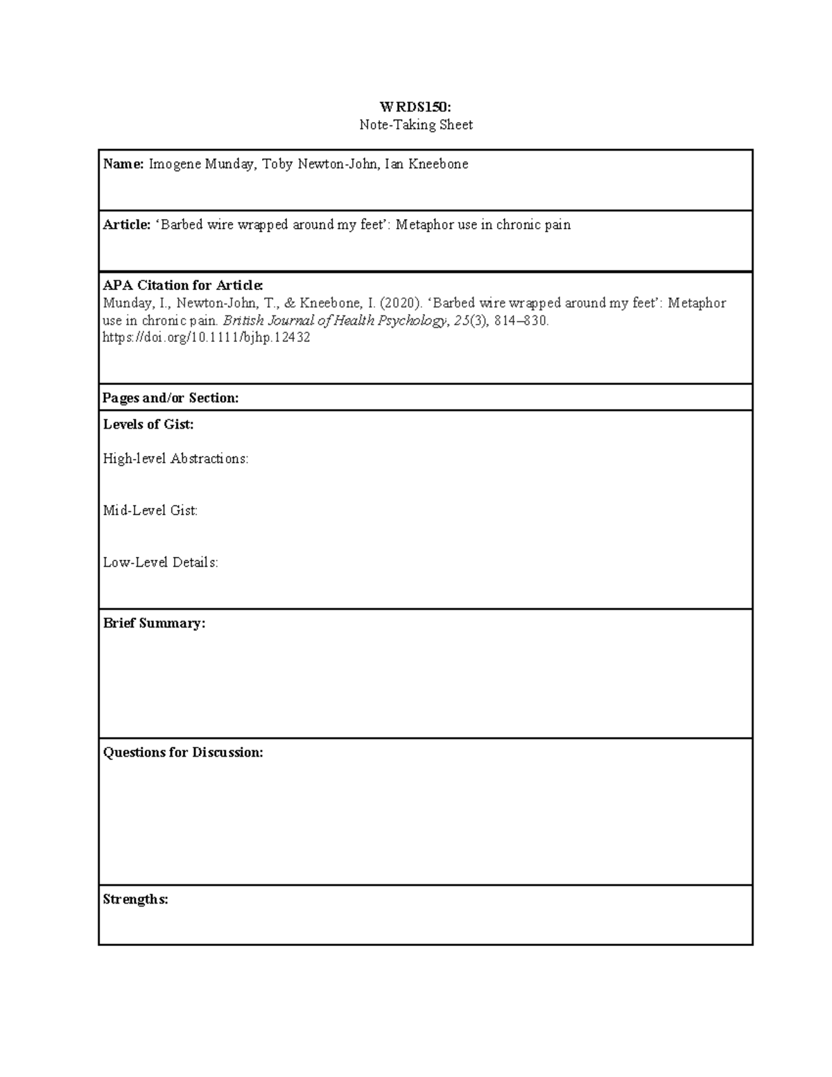 Note-Taking Sheet - Article summarization - WRDS150: Note-Taking Sheet ...