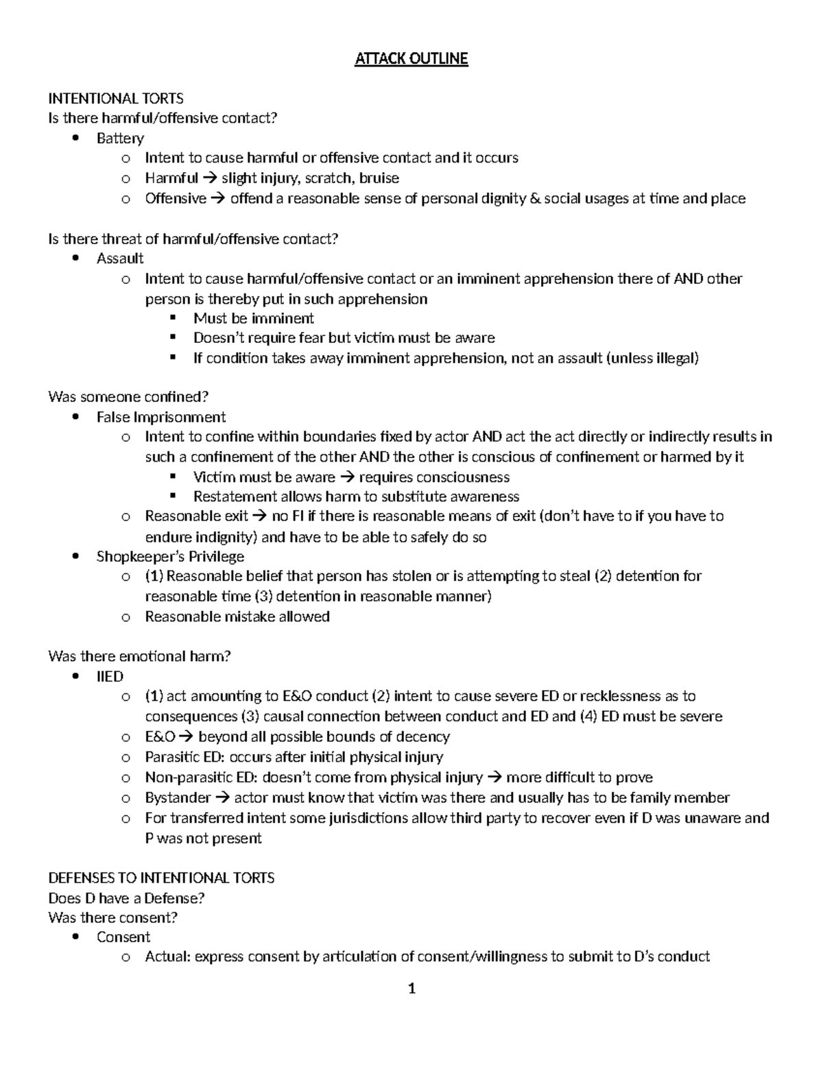 Attack Outline Torts - ATTACK OUTLINE INTENTIONAL TORTS Is there harmful/offensive contact ...