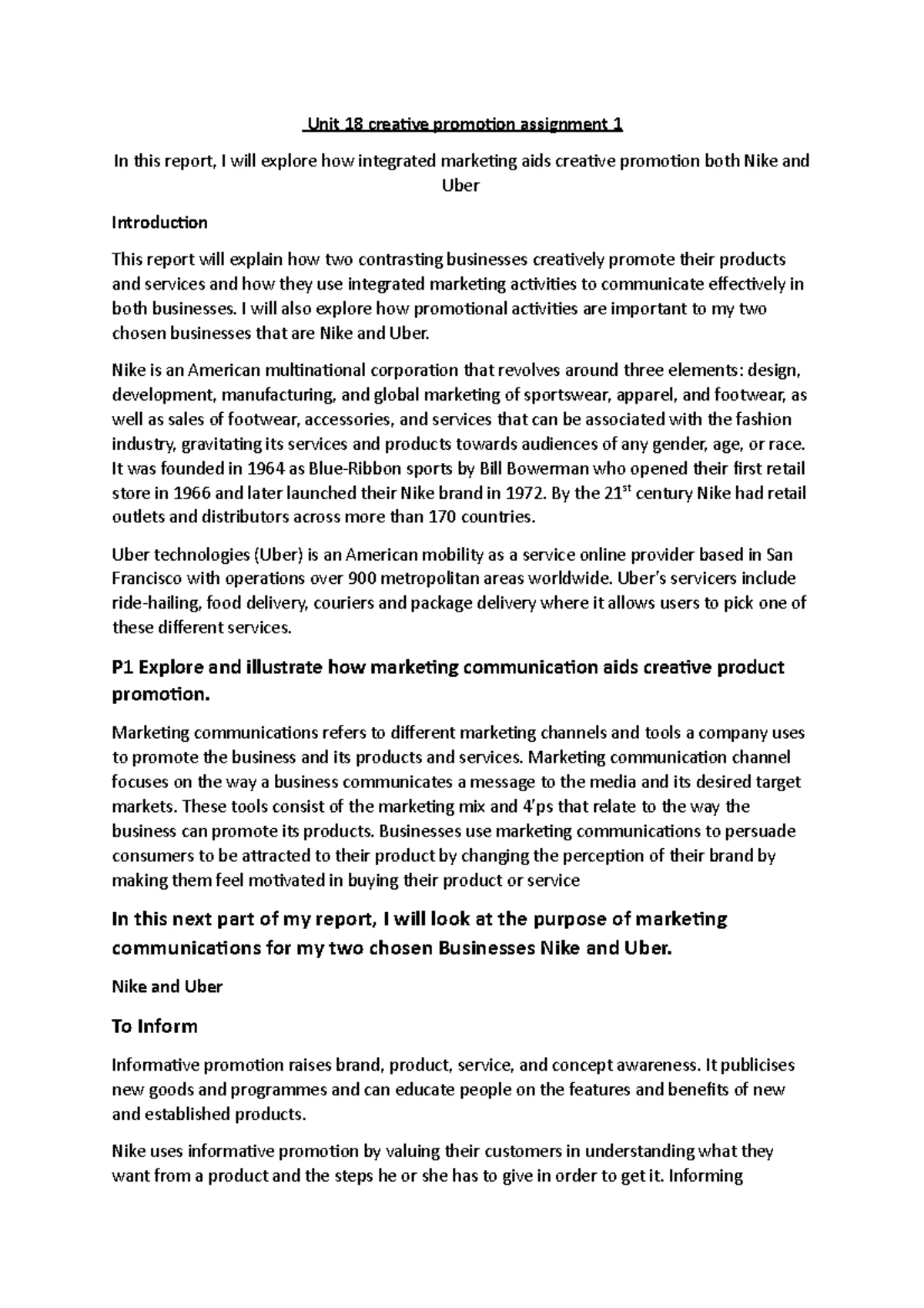 Unit 18 creative promotion assignment 2 - Unit 18 creative promotion: learning aim B& C P3 ...