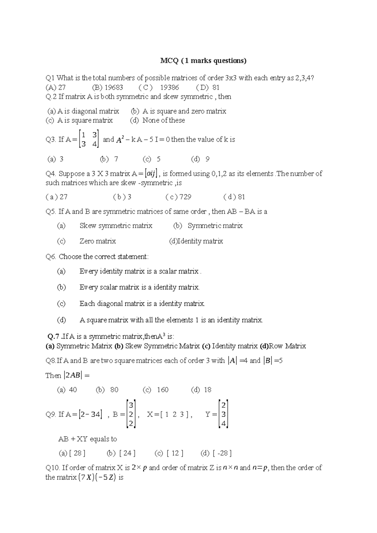 Matrices and Determinants Question Bank (MCQ & Long Answer) - Studocu