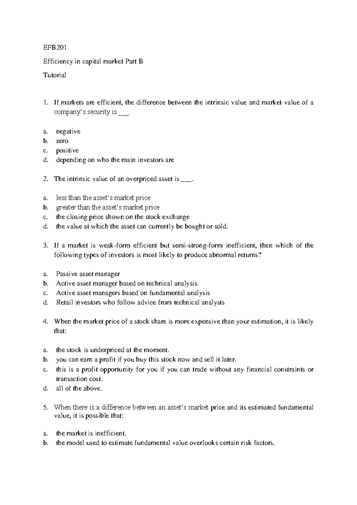 EFB Market Efficiency Tutorial Questions and Answers Guide - Studocu