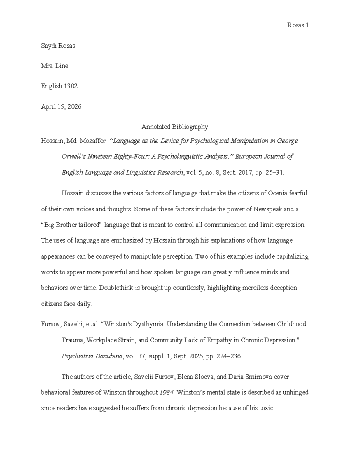 English 1302 Annotated Bibliography on Language & Manipulation - Studocu