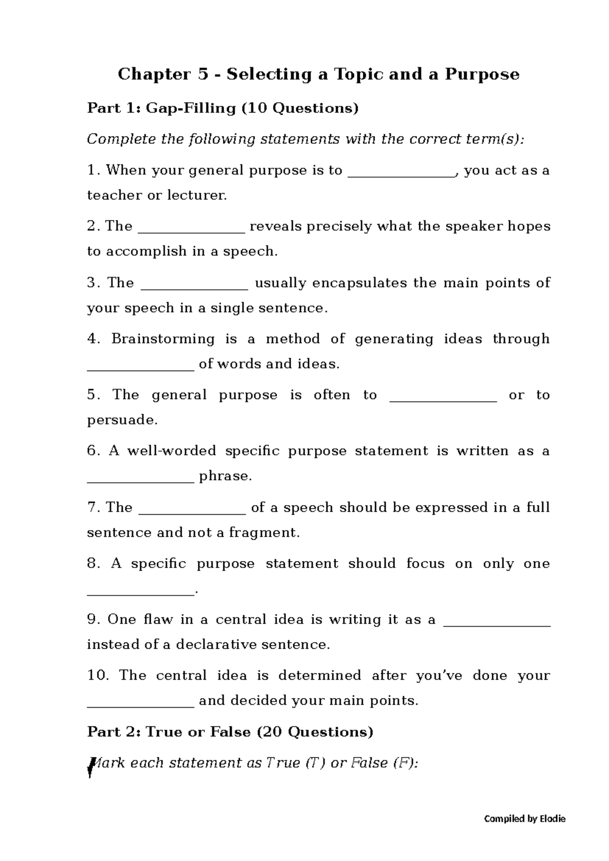 Chapter 5: Selecting a Topic and Purpose - Practice Questions & Essay ...