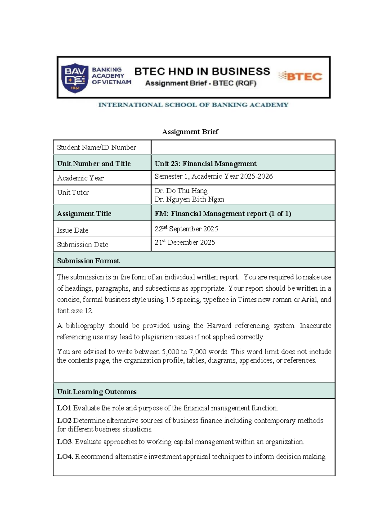 Assignment Brief - Unit 23: Financial Management Report - Studocu