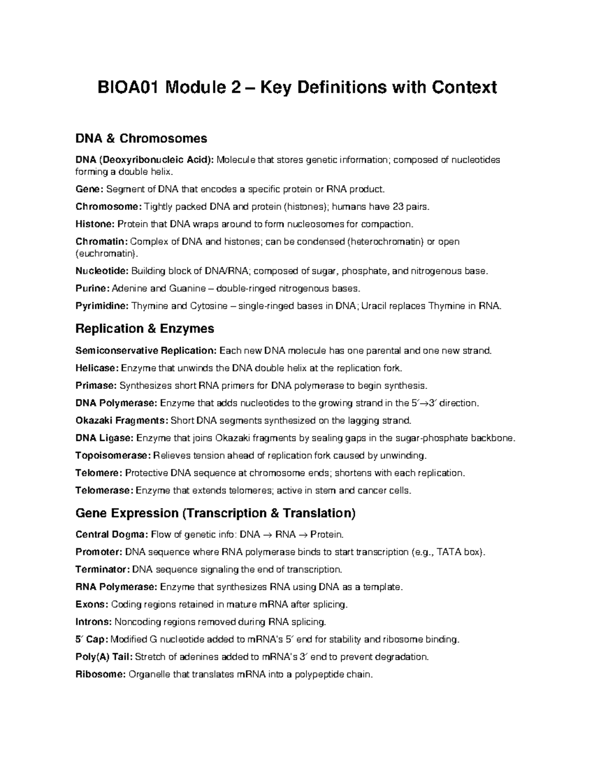 BIOA01 Module 2 Key Definitions and Context on DNA & Genetics - Studocu