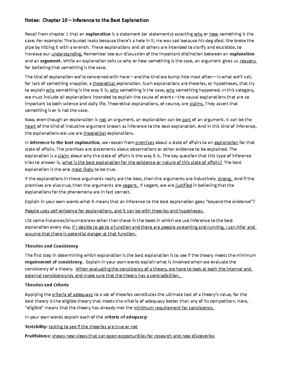 Notes Chapter 10 - Notes: Chapter 10 – Inference to the Best ...