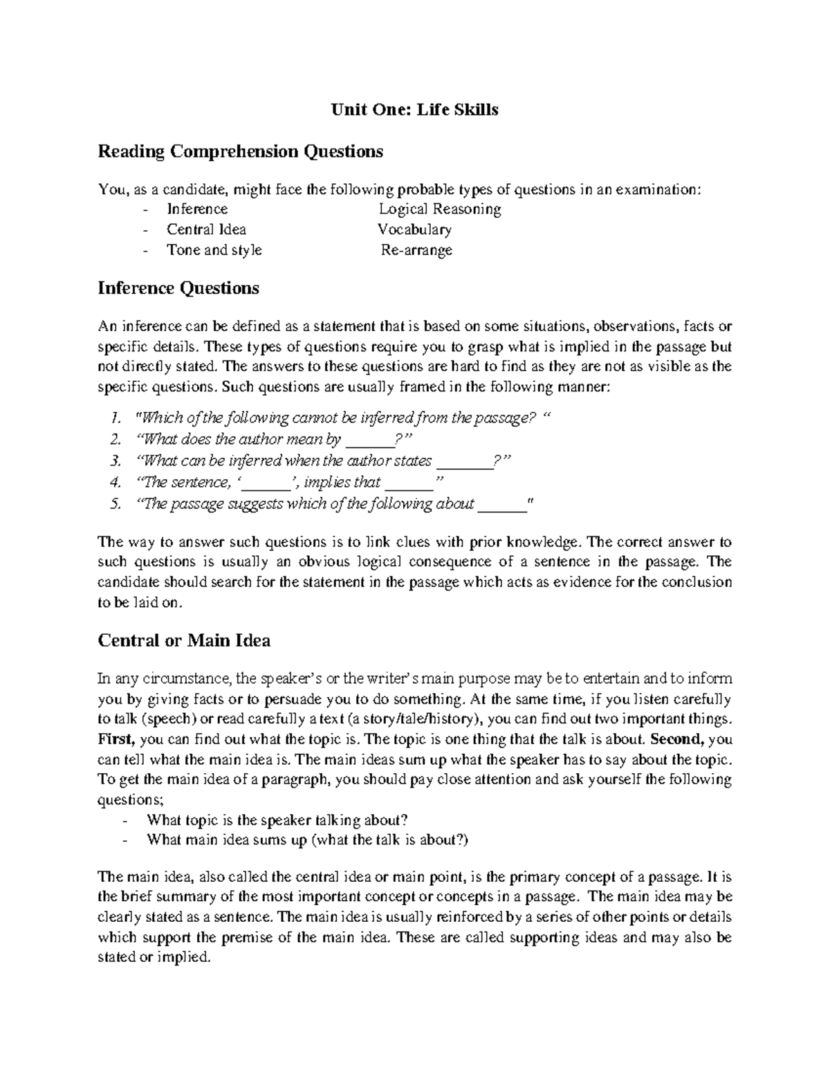 Unit 1 and 2 Grammar Lessons - Unit One: Life Skills Reading ...
