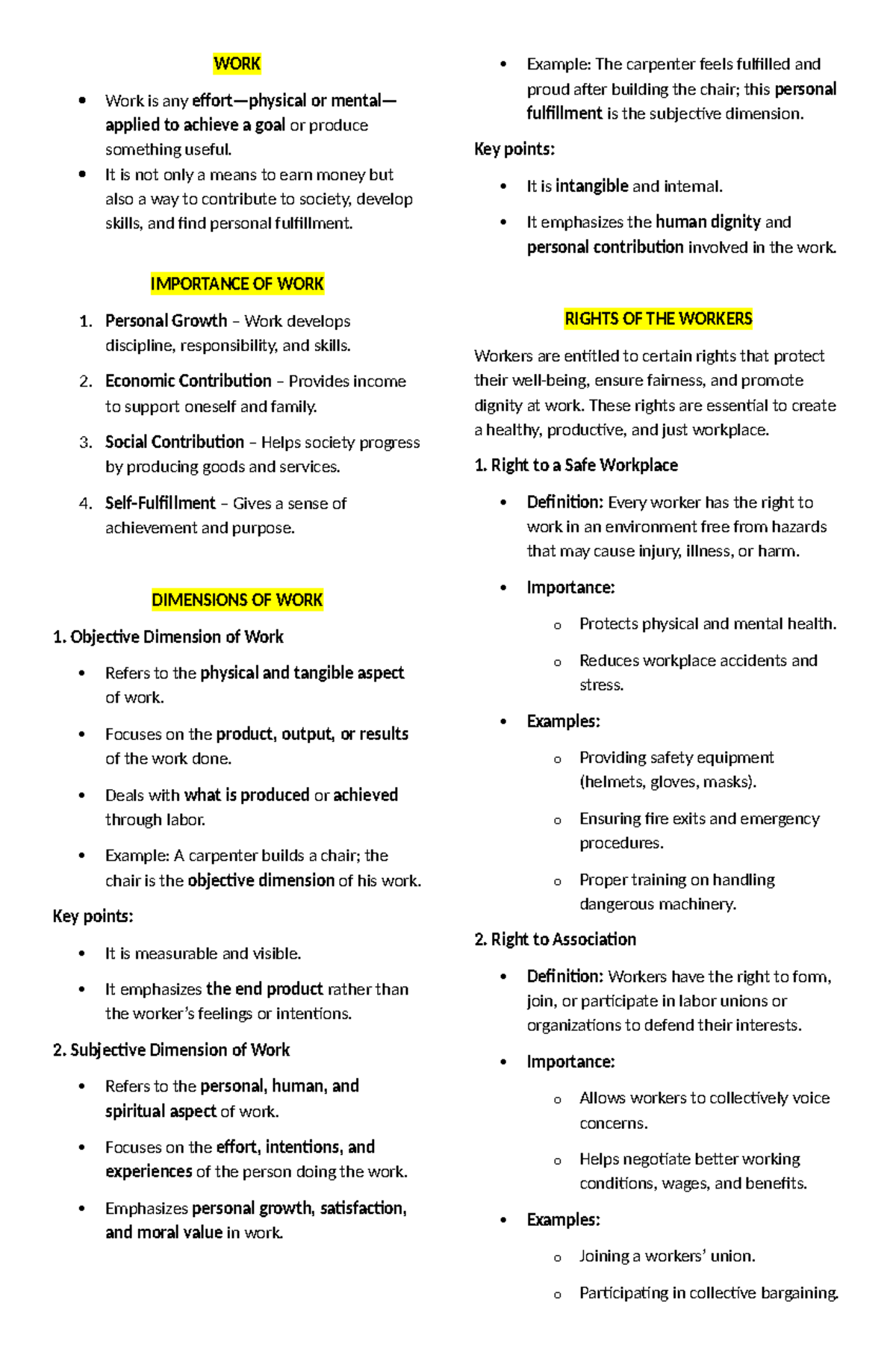 G9 WORK Values - Key Notes on Importance and Rights of Workers - Studocu