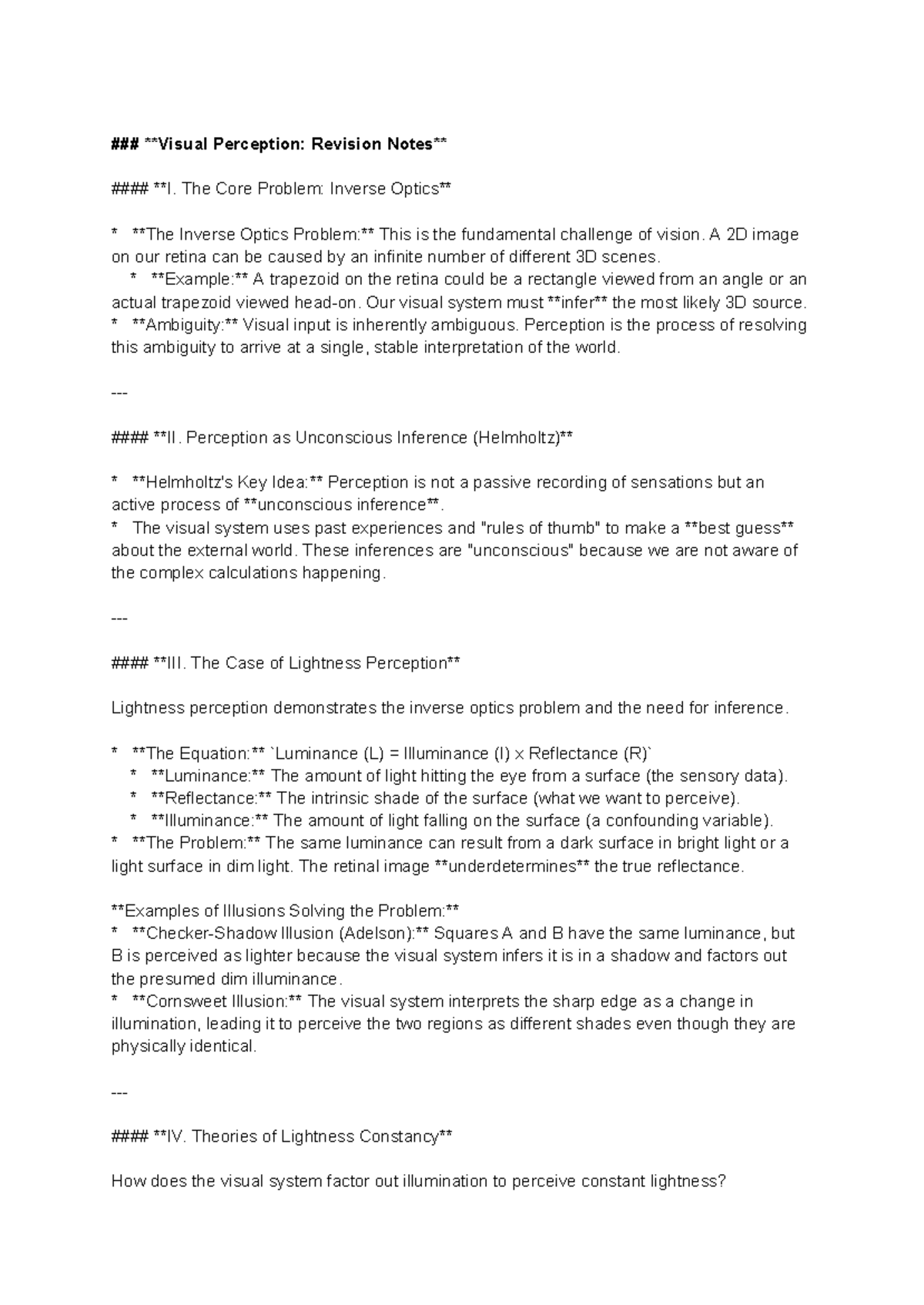 Cog Psych Lecture Notes: Inverse Optics & Perception Challenges - Studocu