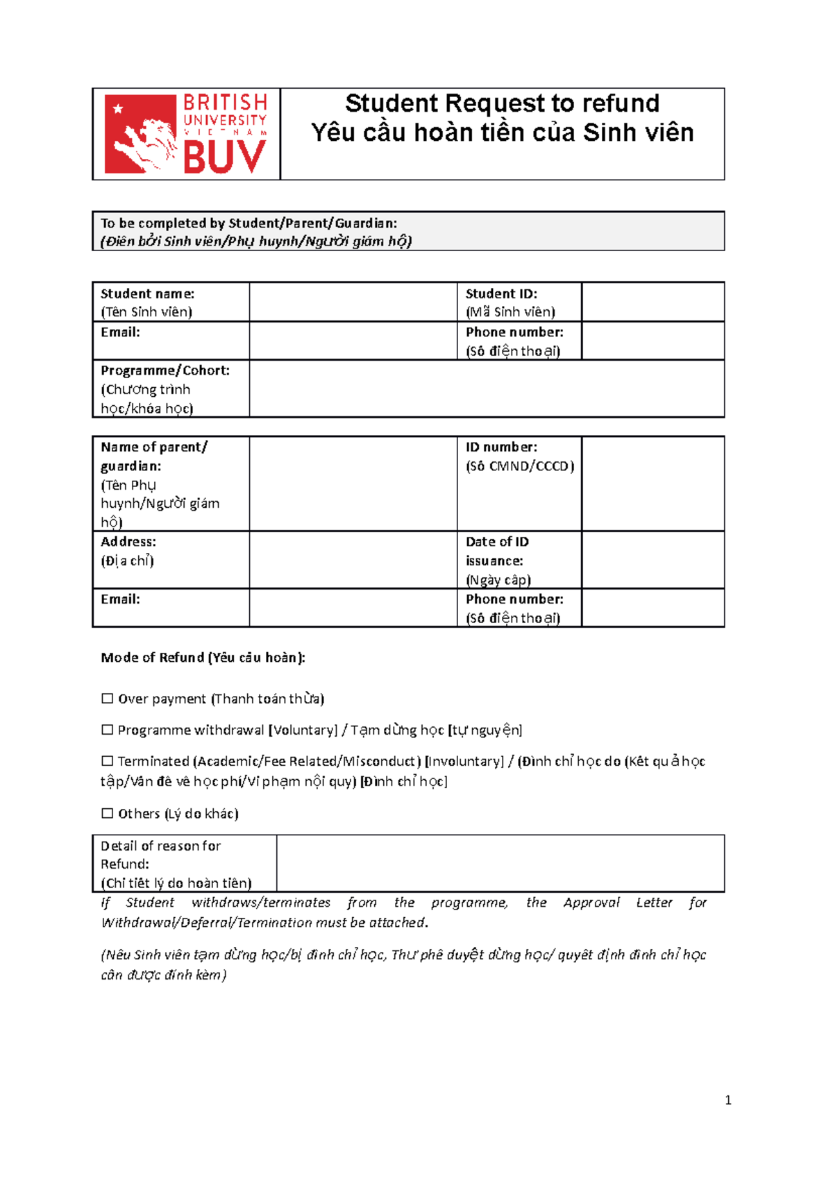 Student Refund Request Form (Yêu Cầu Hoàn Tiền Sinh Viên) - Studocu