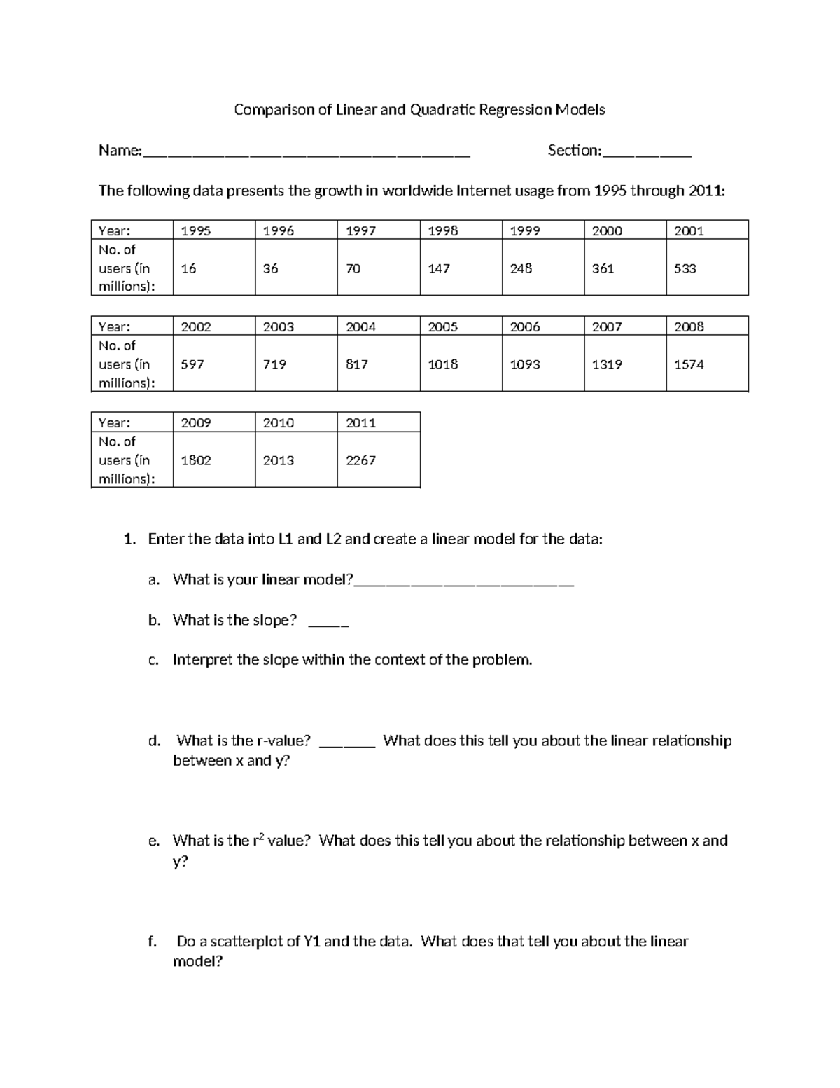 Linear & Quadratic Regression Models Comparison (Course Code: 2 Regr ...