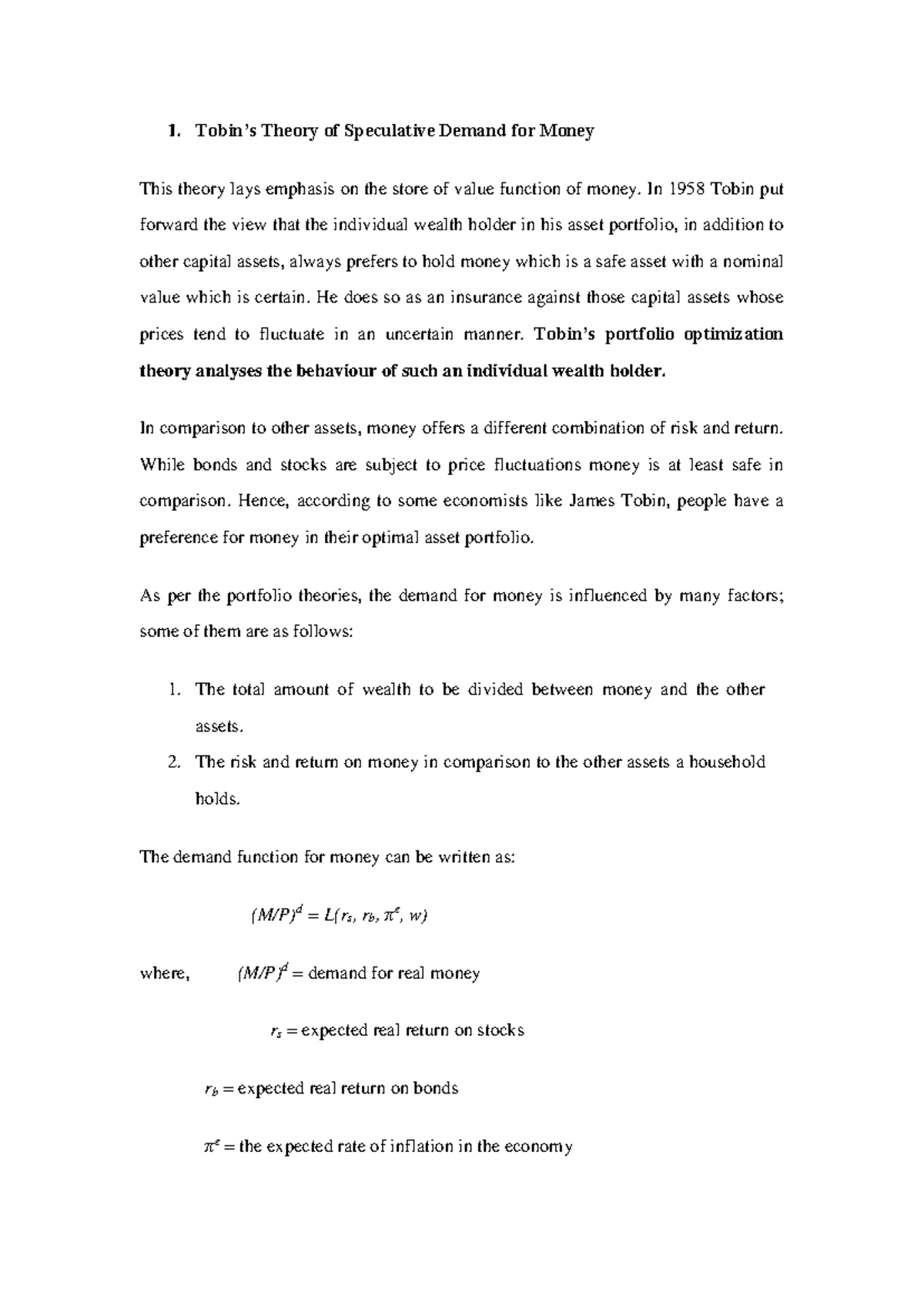 Tobin's Theory of Speculative Money Demand - Study Notes - Studocu