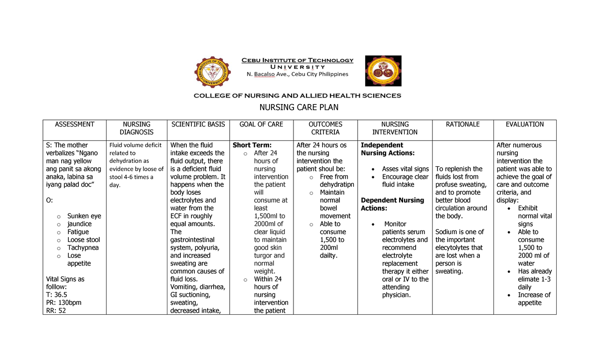 NURS 101: Nursing Care Plan for Fluid Volume Deficit Management - Studocu