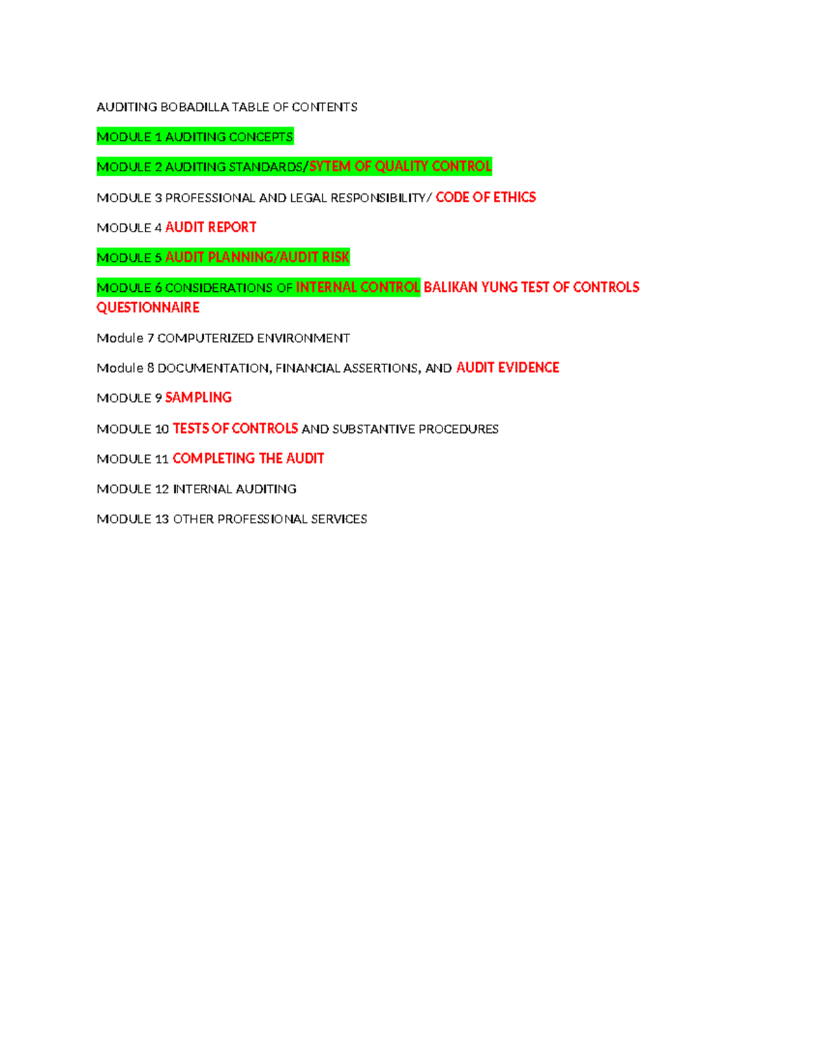 Auditing Bobadilla Table OF Contents - AUDITING BOBADILLA TABLE OF ...