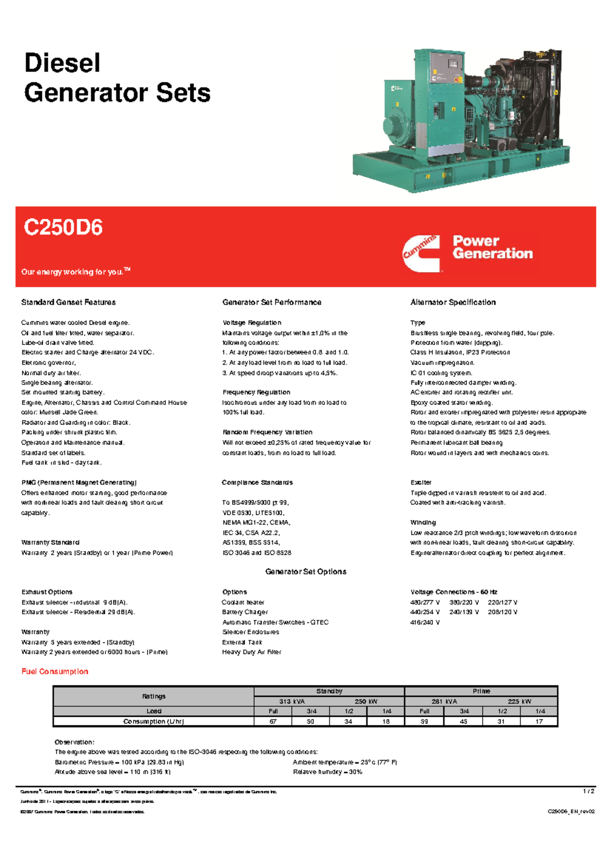 C250D6 - Data Sheet for 250kW Cummins Standby Generator Set - Studocu