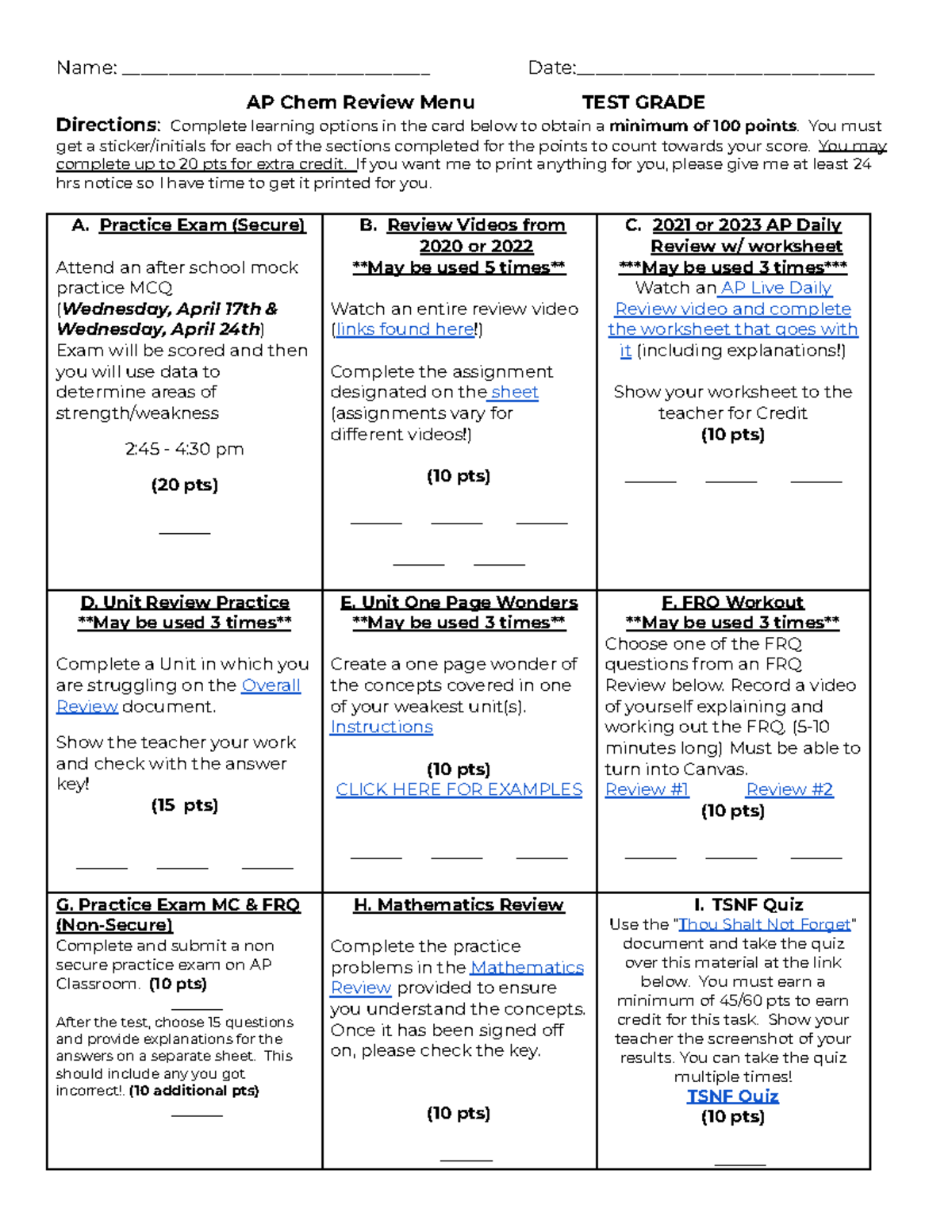 AP Chem Review Menu: Test Grade Preparation Guide - Studocu