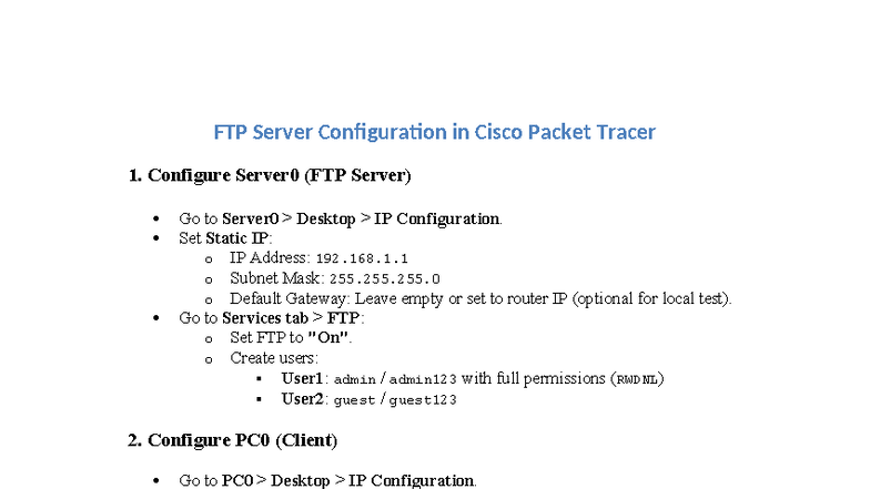 FTP Server Configuration Steps in Cisco Packet Tracer - Studocu