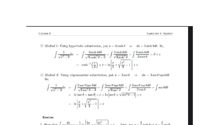 SMA2 - Calculus II Practice: Hyperbolic & Trigonometric Substitutions ...