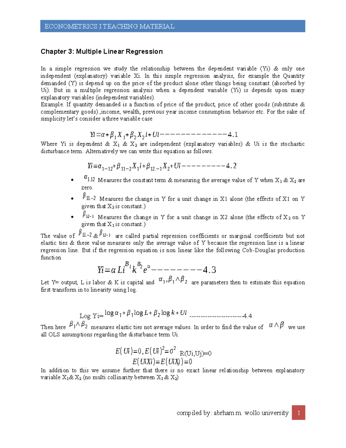 Chapter 3: Multiple Linear Regression in Econometrics (ECO 301) - Studocu