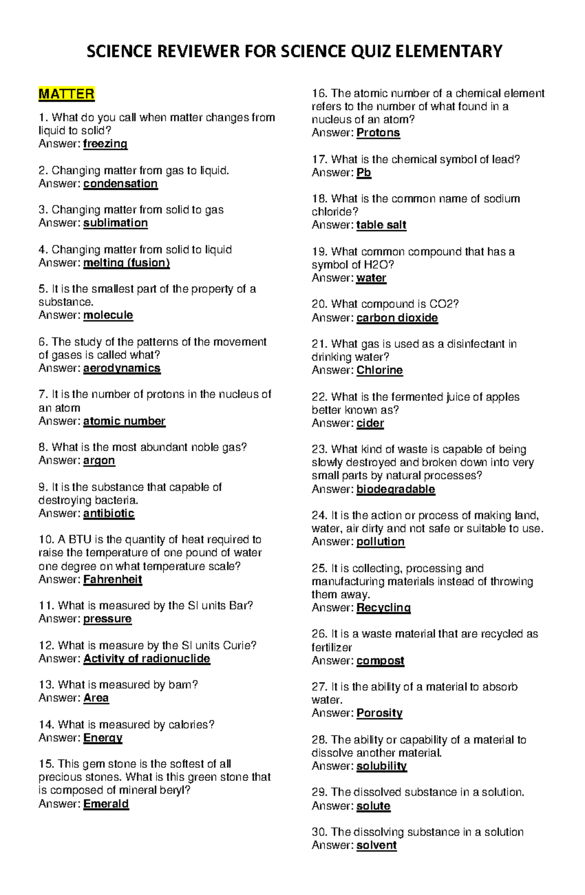 SCIENCE QUIZ BEE REVIEWER FOR ELEMENTARY SCIENCE 416365680 - Studocu