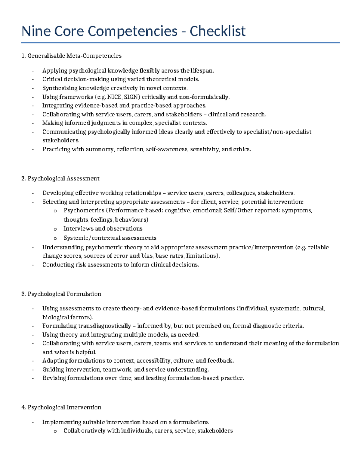 Nine Core Competencies Checklist in Psychology: A Comprehensive Guide ...