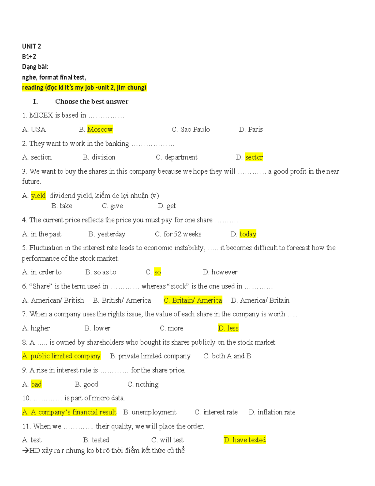 BT Unit 2: Listening, Reading, and Test Format for Final Exam - Studocu