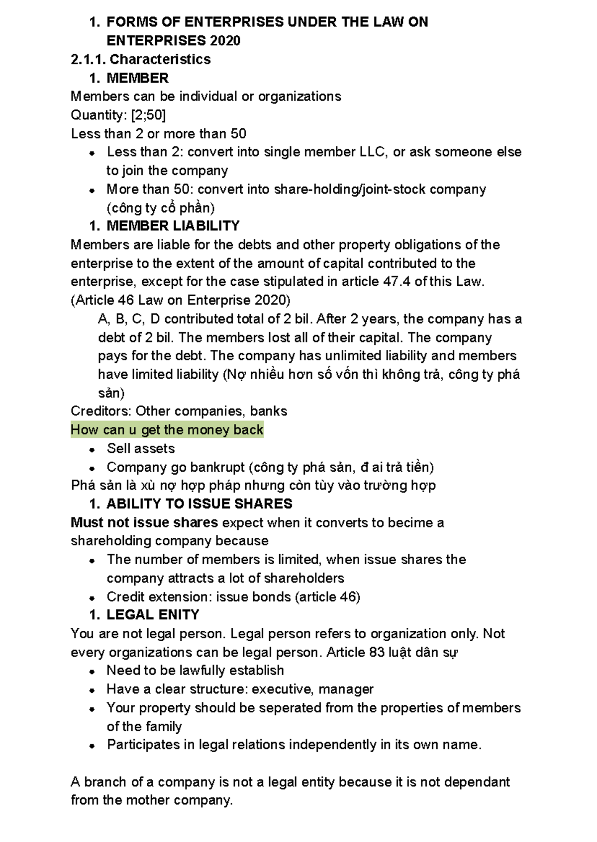 Pltcnh LLC - 1. FORMS OF ENTERPRISES UNDER THE LAW ON ENTERPRISES 2020 ...