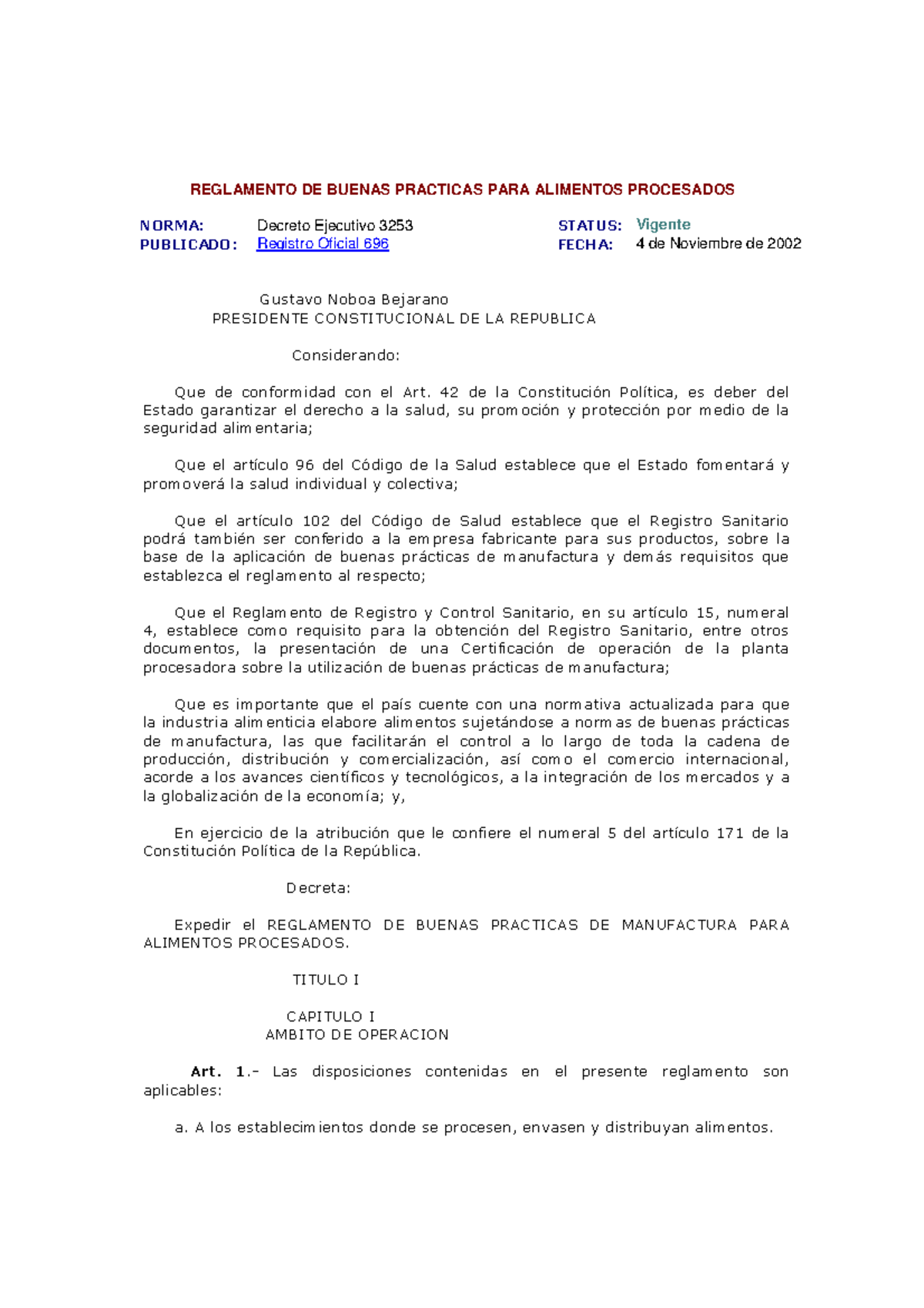 Reglamento de BPM para Alimentos Procesados - Decreto 3253 - Studocu