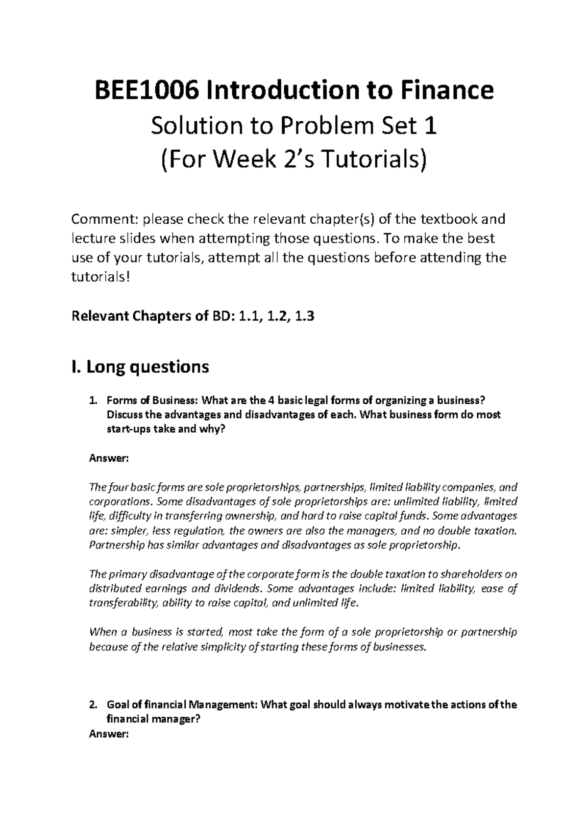 BEE1006 Week 2 Problem Set 1 Solutions for Intro to Finance - Studocu