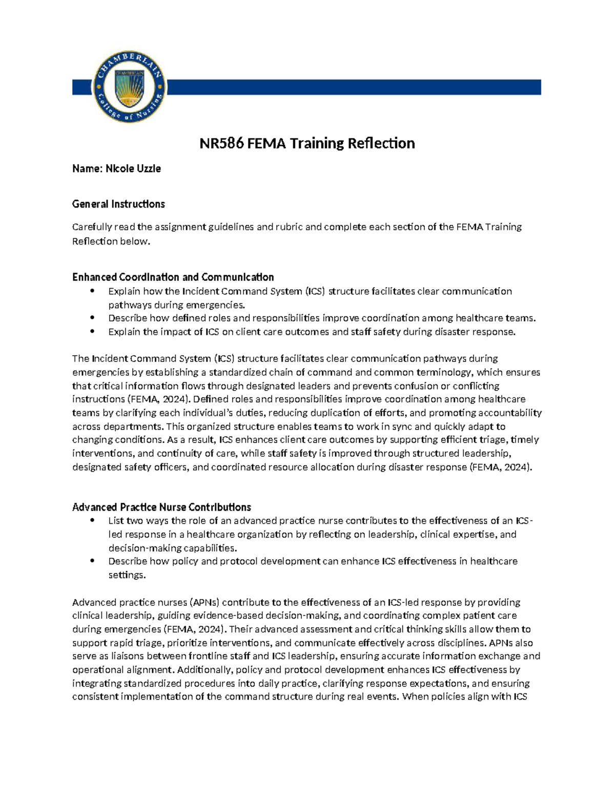 NR586 Week 6 FEMA Training Reflection: Enhancing ICS in Healthcare ...
