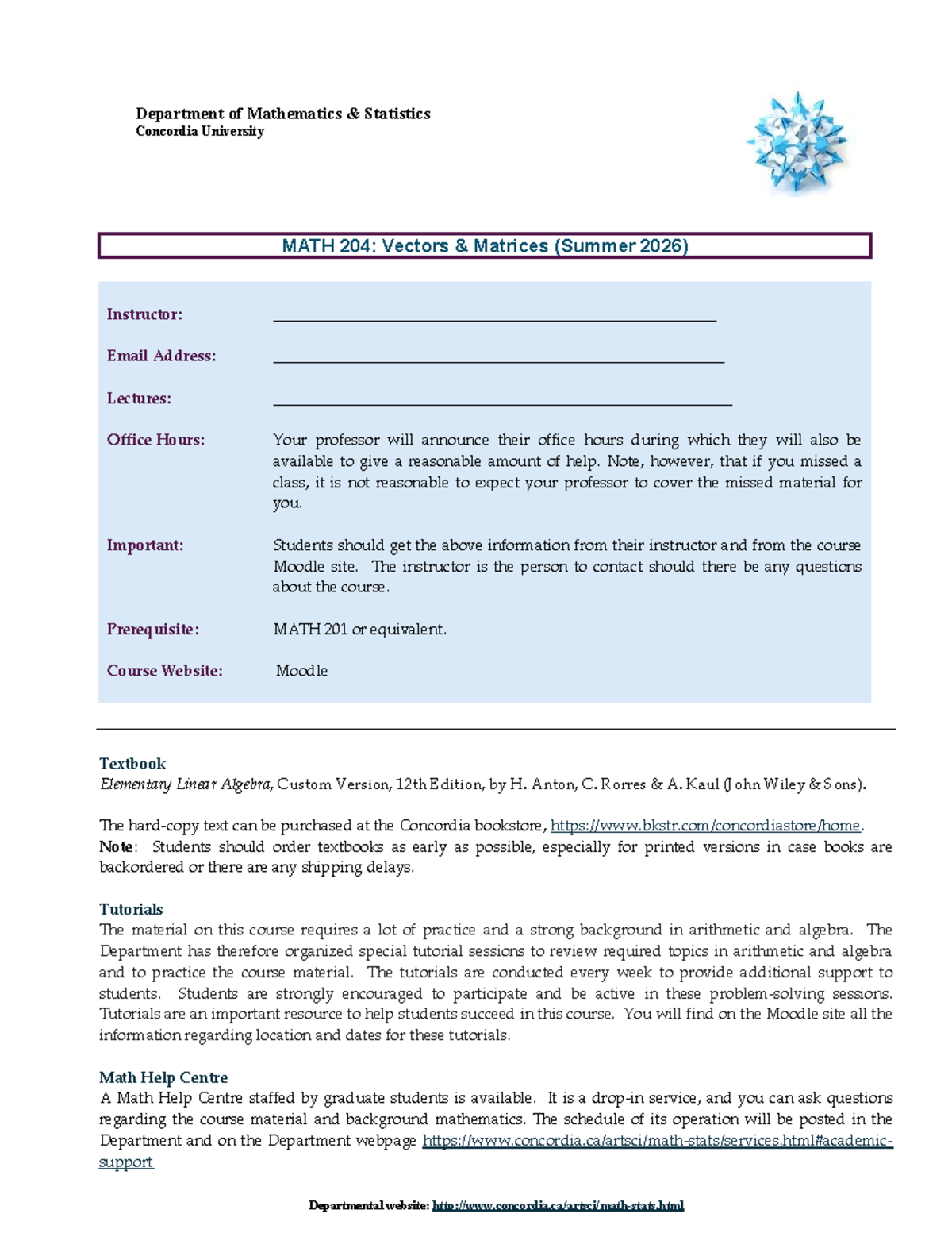 Course Outline - MATH 204: Vectors & Matrices (Summer 2026) - Studocu