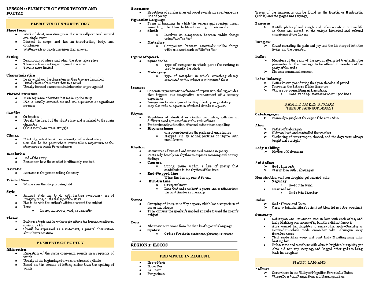 LIT - Lesson 1: Elements of Short Story & Poetry Overview - Studocu
