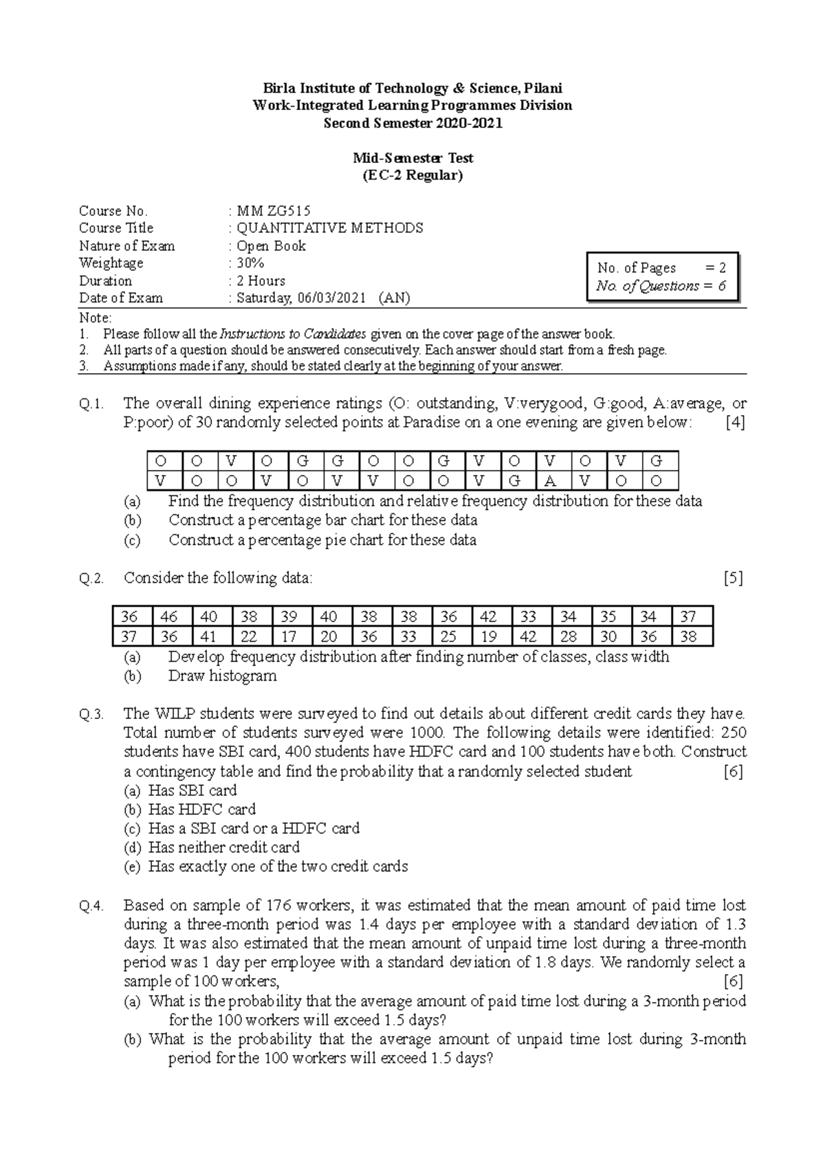 Question Paper EC 2 Second semester 2021-2022 Bits Pilani Work ...