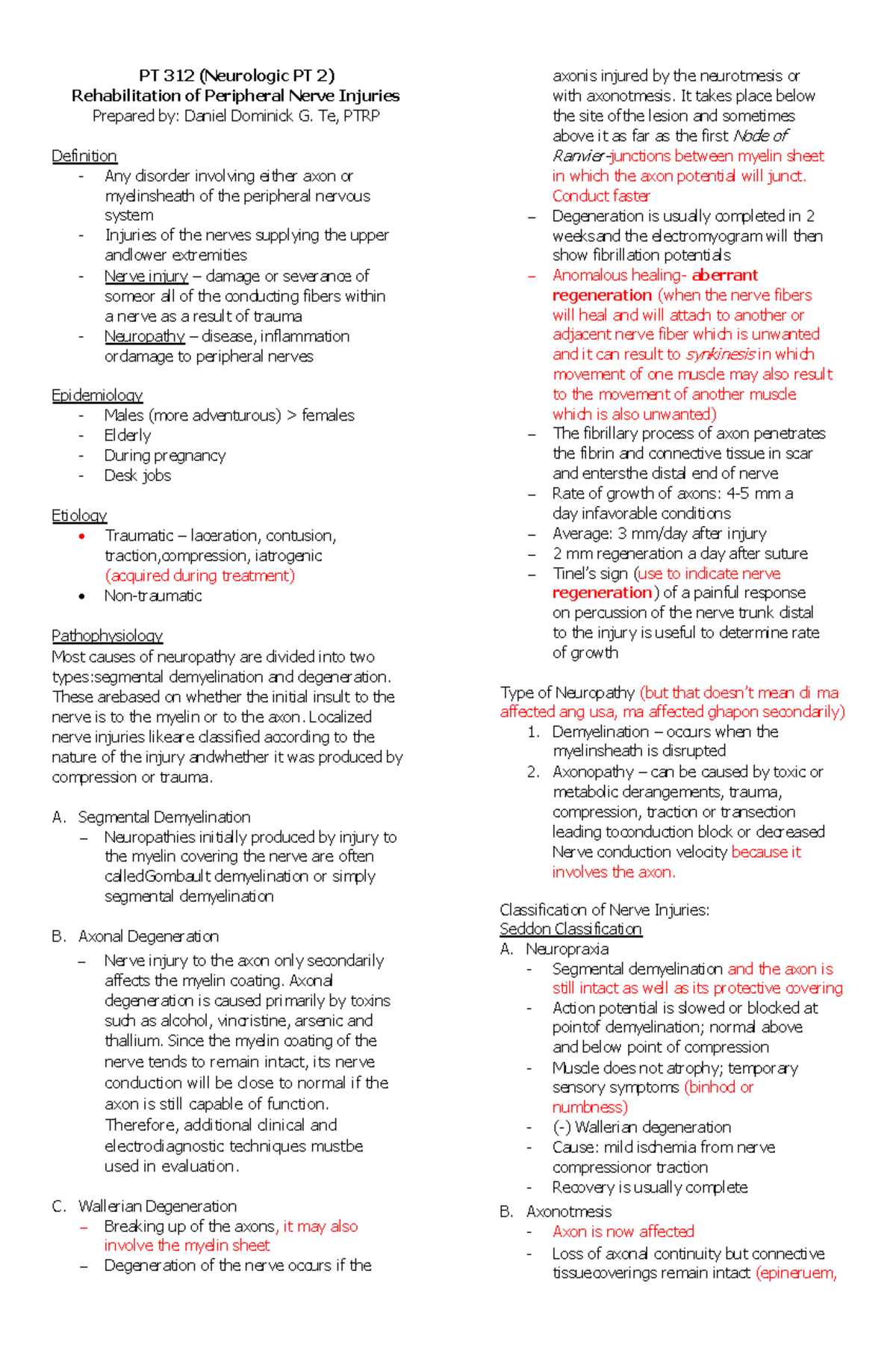 PNI Rehab notes 1 - PT 312 (Neurologic PT 2) Rehabilitation of ...