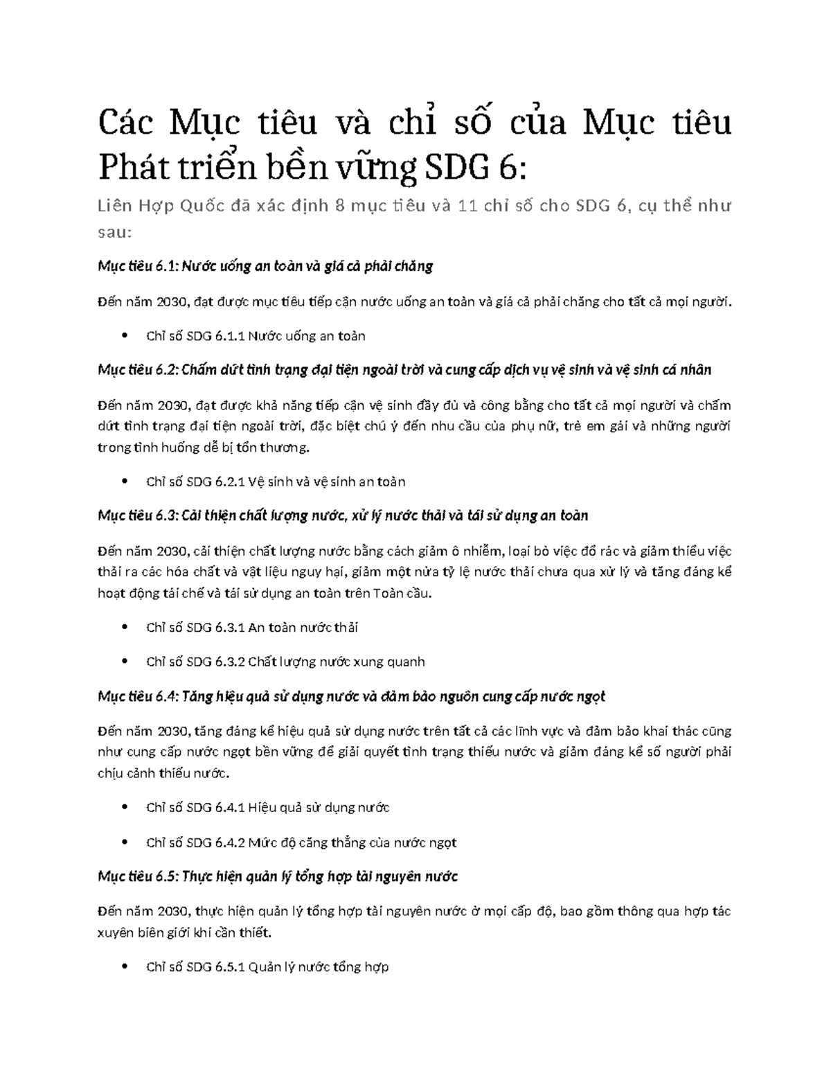 SDG 6: Mục tiêu và Chỉ số Phát triển Bền vững Nước sạch - Studocu