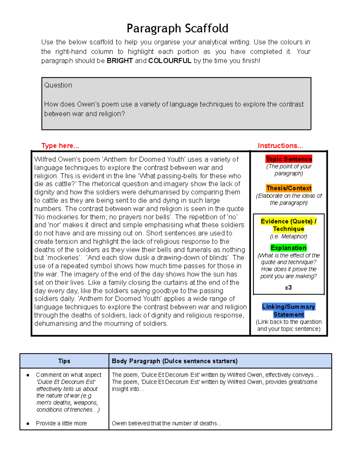 PEEL Paragraph Scaffold for AFDY: Analyzing War & Religion in Poetry ...