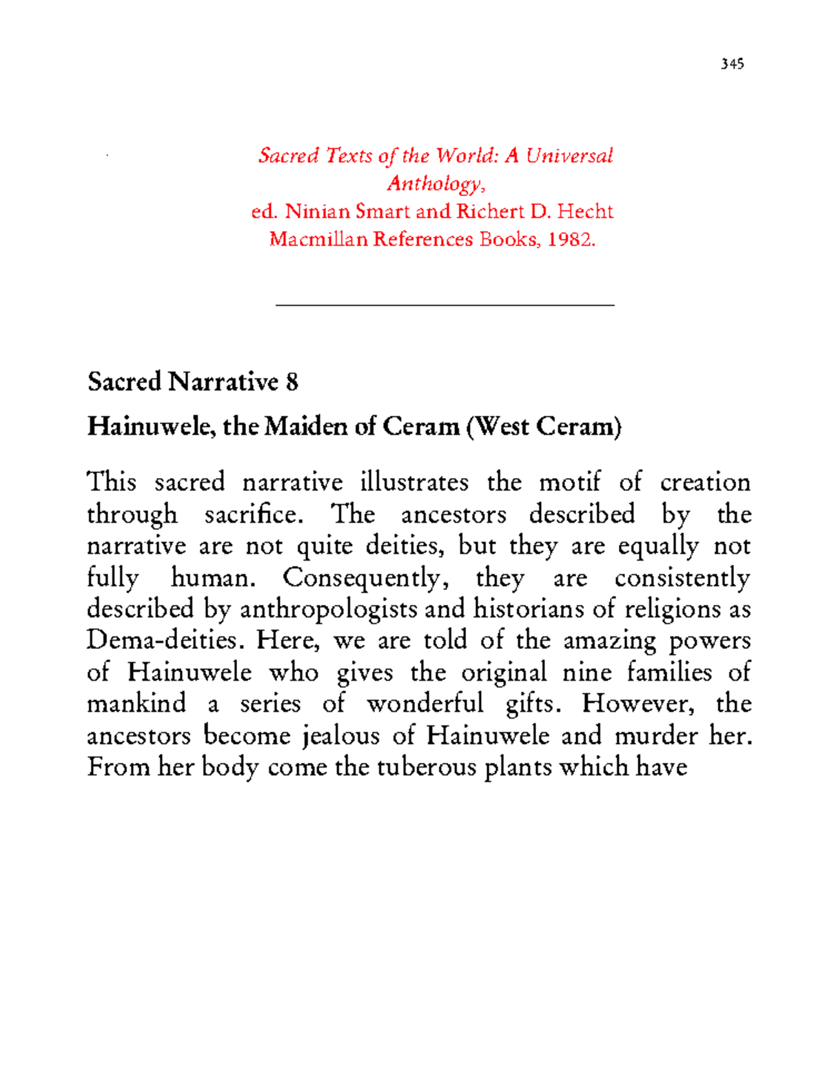 HUM 345 Sacred Narrative: Hainuwele, the Maiden of Ceram - Studocu