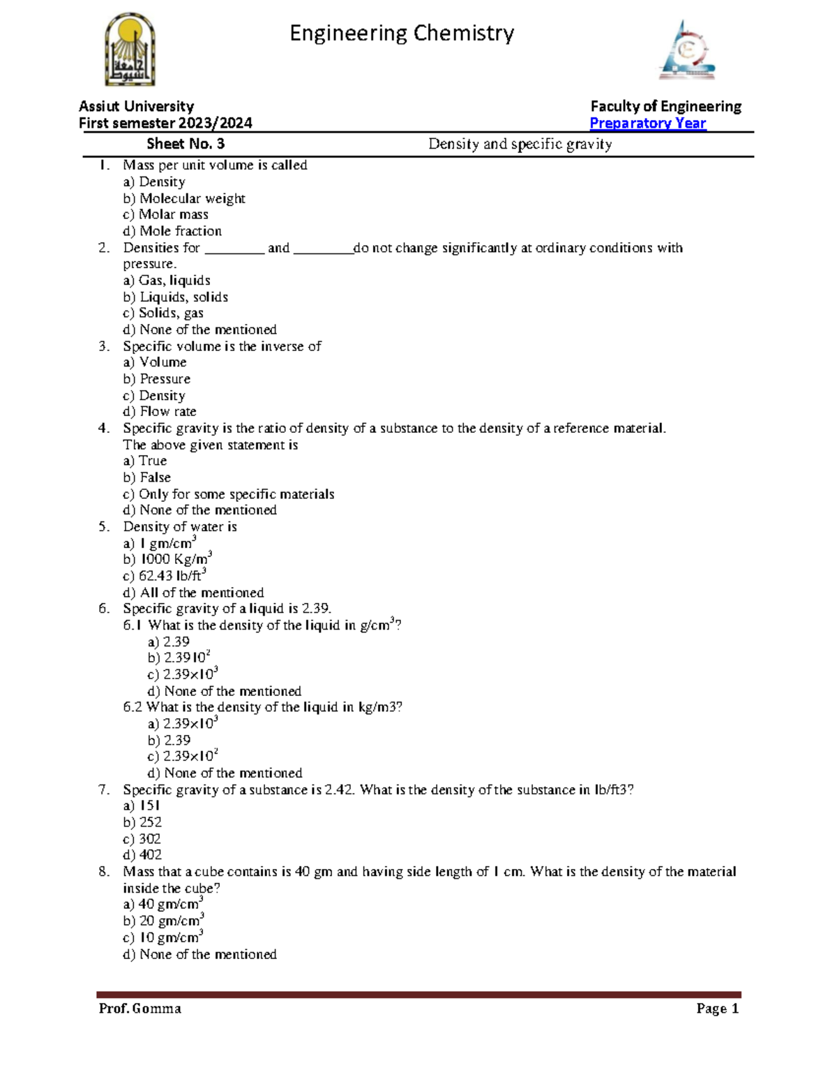 Density And Specific Gravity Sheet 3q 1 Prof Gomma Page 1 Assiut