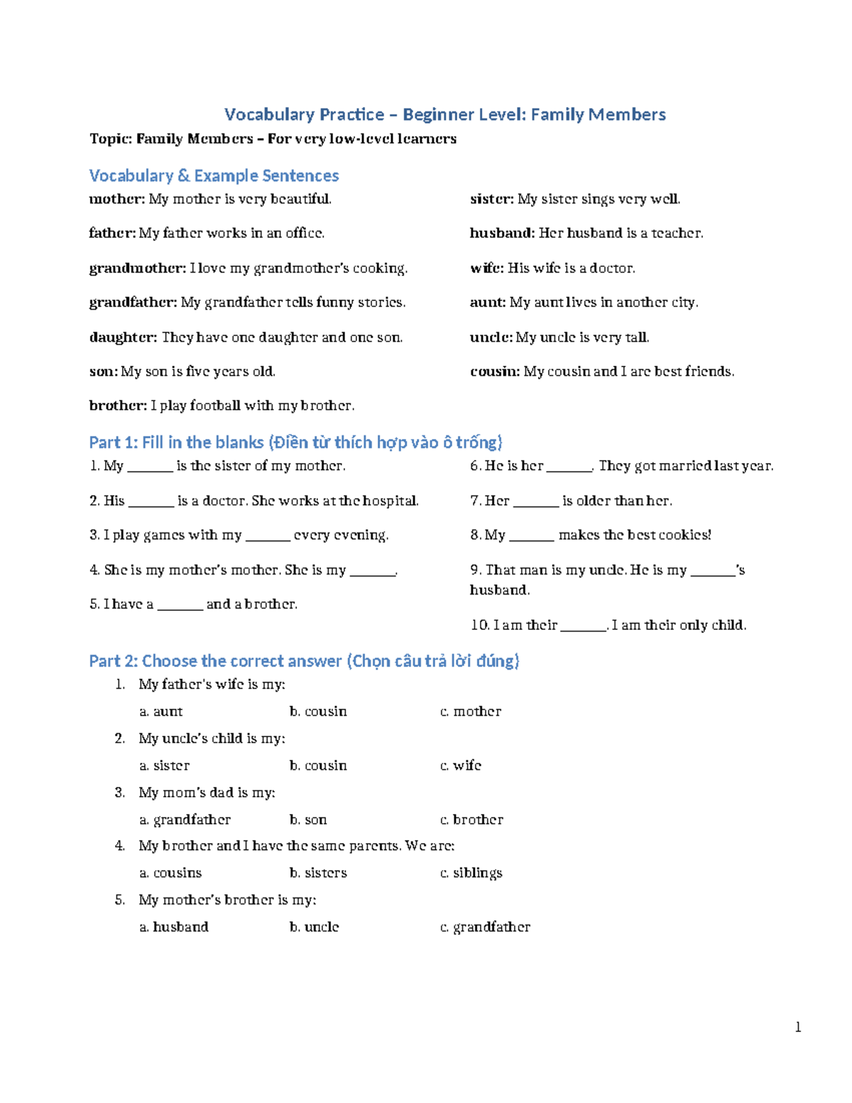 Vocabulary Practice: Beginner Level - Family Members - Studocu