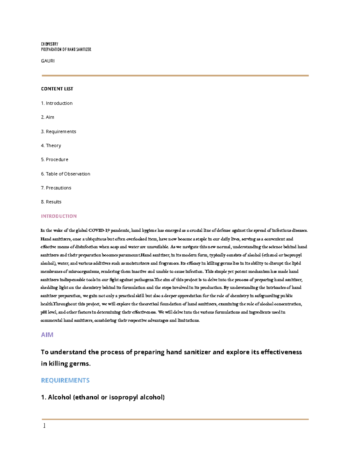 CHM 101: Preparation of Hand Sanitizer - Lab Procedure and Results ...